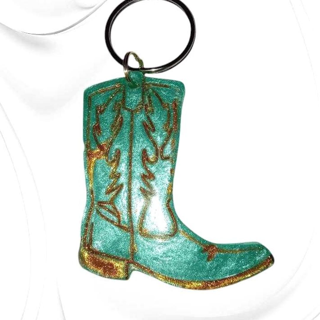 Handmade Cowboy Boot Keychain | Turquoise & Gold Resin | Western ...