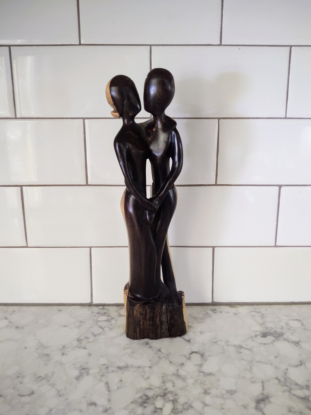 Vintage Two-toned Wood Carving of Couple Man and Woman Figurine Home ...