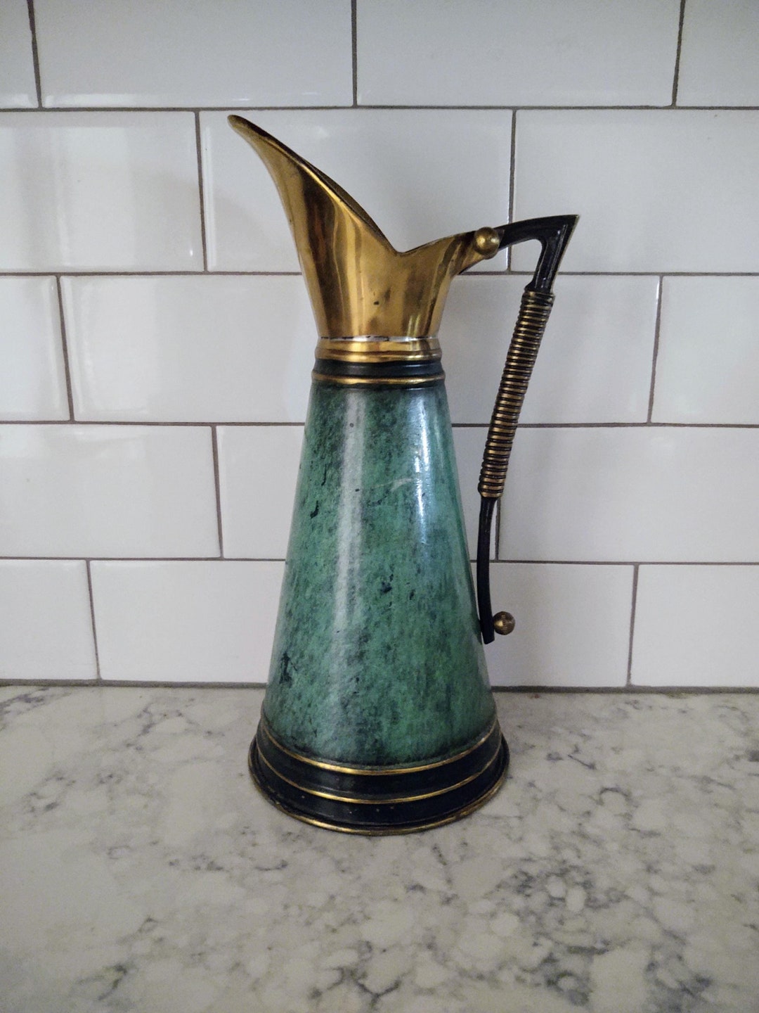 Vintage 1960's Dayagi Made in Israel Brass & Green Enamel Large Pitcher ...