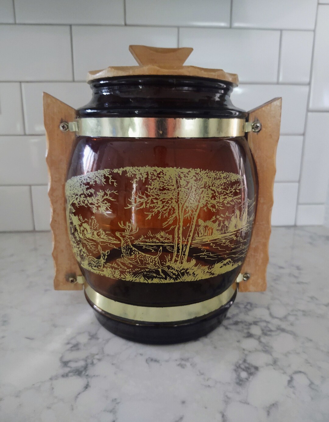1960's Siesta Ware Brown Glass Cookie/snack Jar With Deer & Meadow ...