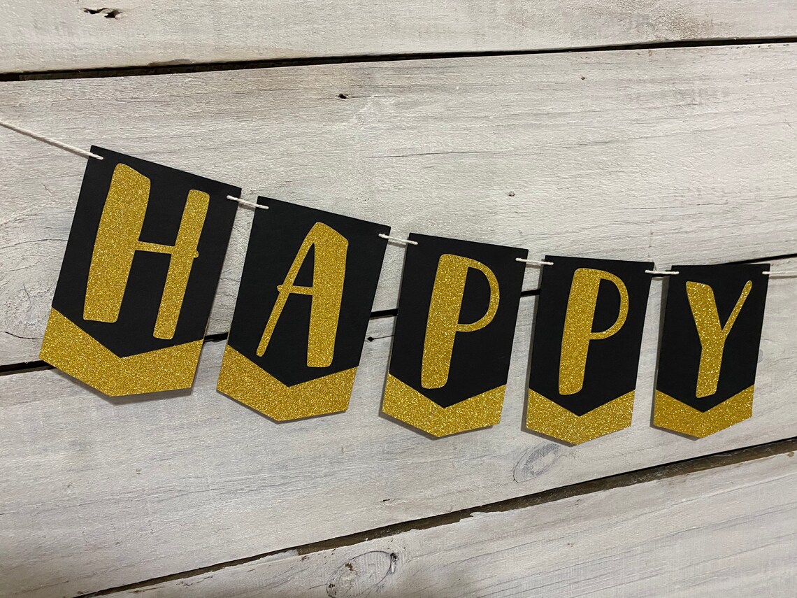 Happy New Year Banner: Black & Gold Glitter Pennant Garland - Etsy