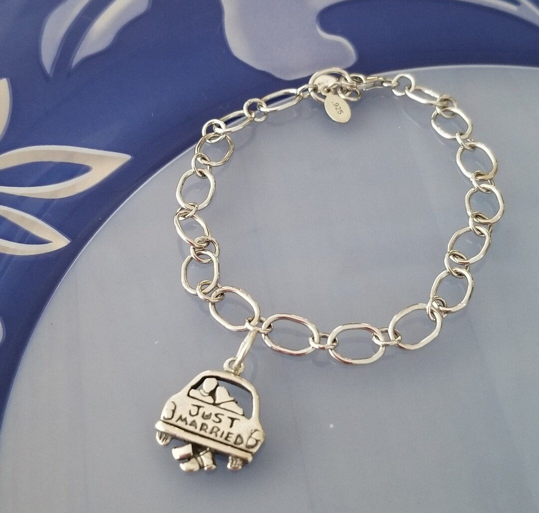 925 Sterling Silver Just Married Charm on Silver Bracelet or Silver ...