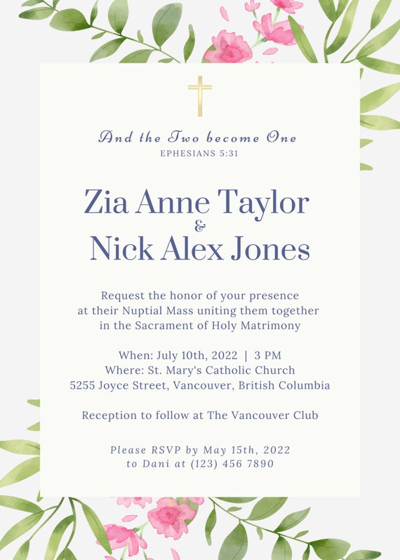 Catholic Wedding Invitation Pink Floral Customize Wording Wedding Invite Wedding Ecard Church Program Church Wedding Etsy