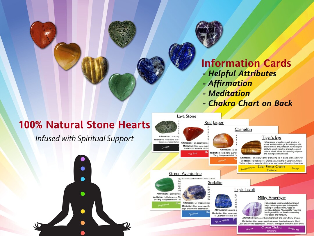 Set of 8 Chakra Infinity Hearts, Natural Healing Stones, Chakra Chart ...