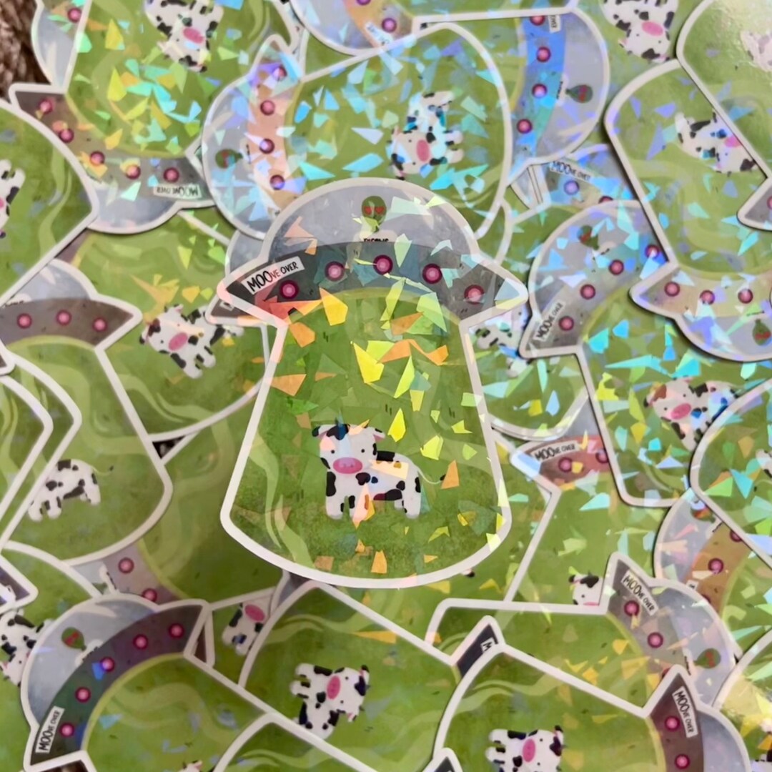 Funny Holographic Vinyl Alien Cow Abduction Sticker - Etsy