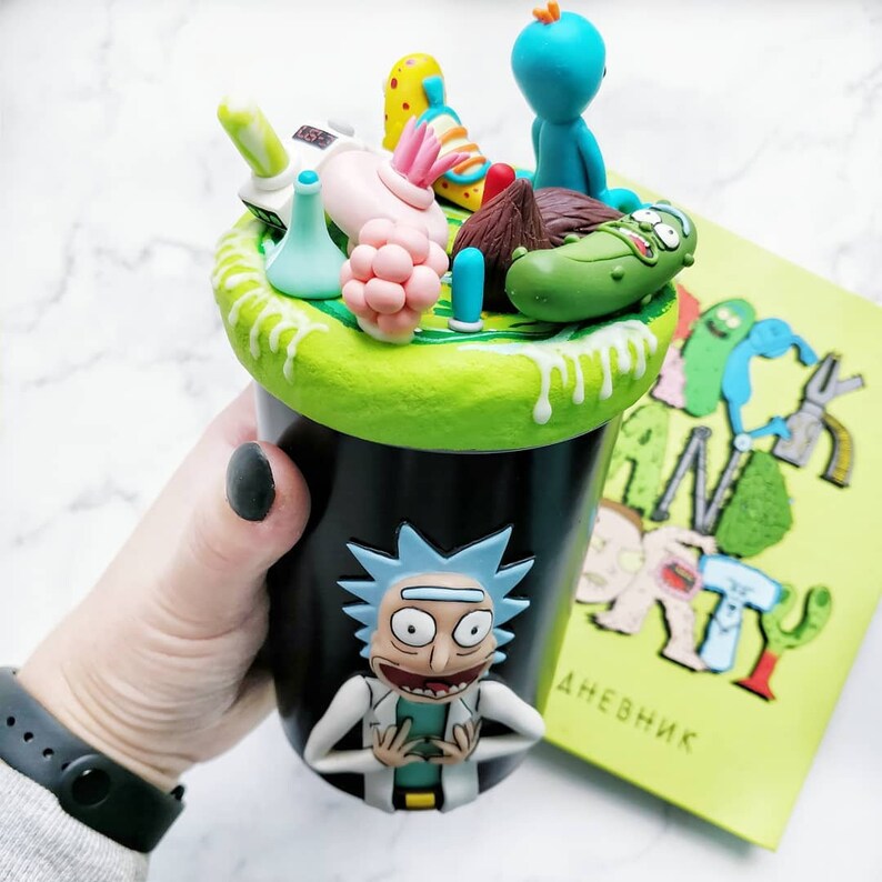 Rick and Morty mug with polymer clay decor Pickle Rick | Etsy