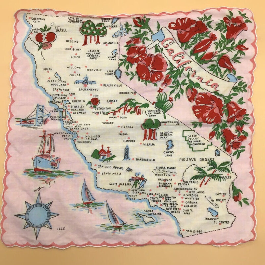 Mid Century CALIFORNIA State Map Souvenir Handkerchief Hanky Red Pink Vintage - Etsy