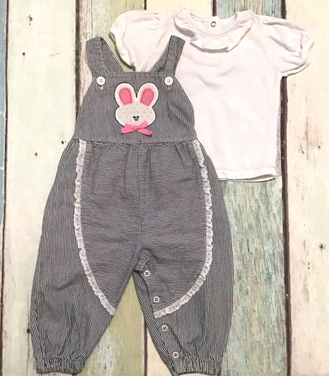 Buster Brown Bunny Overalls Girls Size 12 Mos Blue Striped Rabbit ...