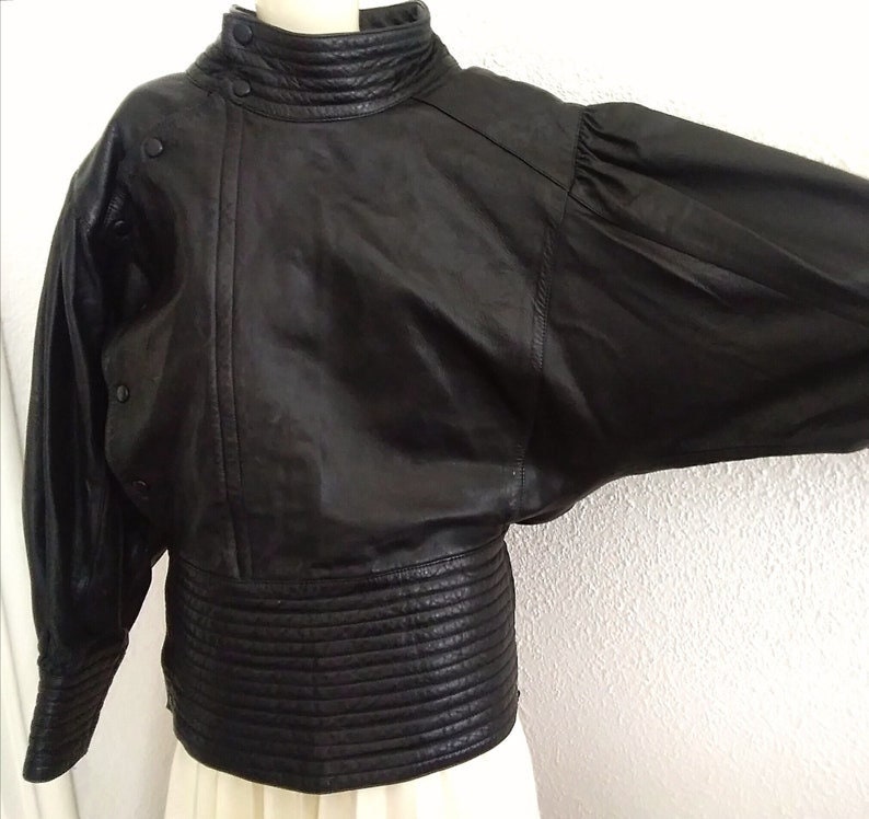80s Extravagant Leather Jacket Dolman Sleeve Black Leather Jacket Very ...