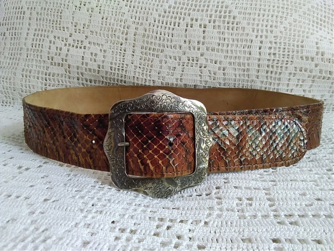 80s Snake Skin Belt, Brown Pirate Square Buckle Belt, Summer Elegant ...