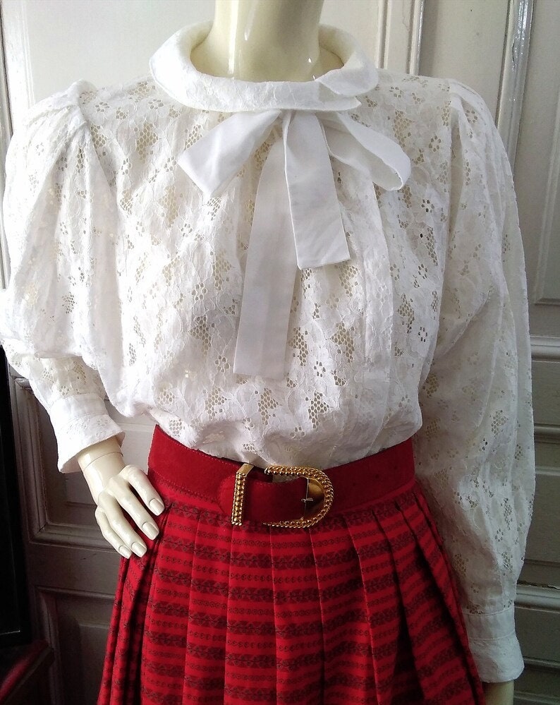 80s White Lace Blouse Feminine Puffy Sleeve Bat Wings Bohemian Blouse