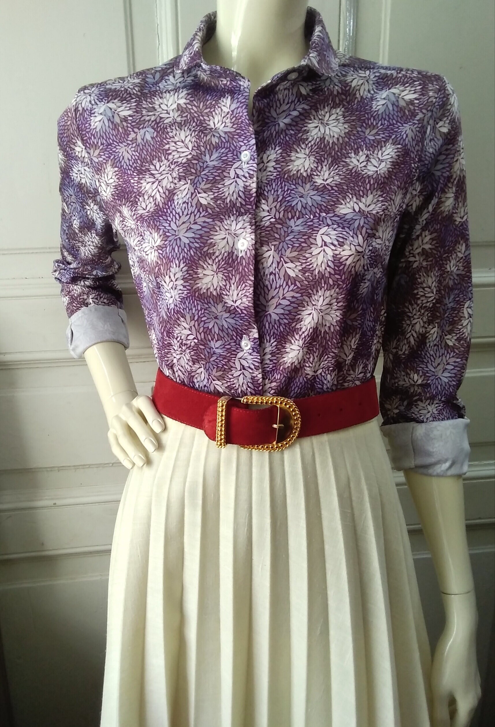 70s Retro Button Shirt Botanical Print Disco Shirt Long Sleeves Mauve ...