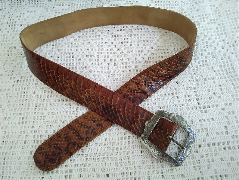 80s Snake Skin Belt, Brown Pirate Square Buckle Belt, Summer Elegant ...