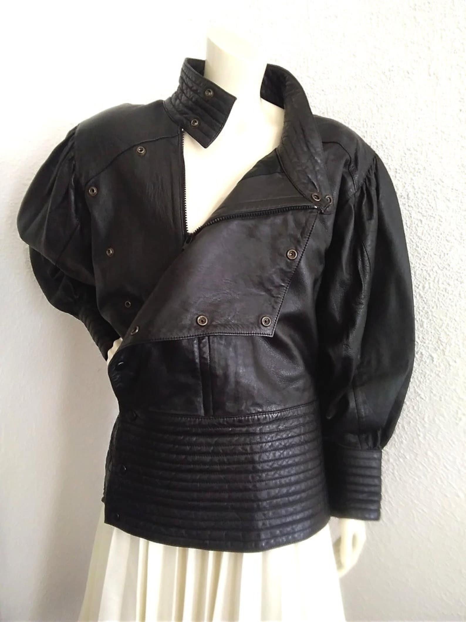 80s Extravagant Leather Jacket Dolman Sleeve Black Leather Jacket Very ...