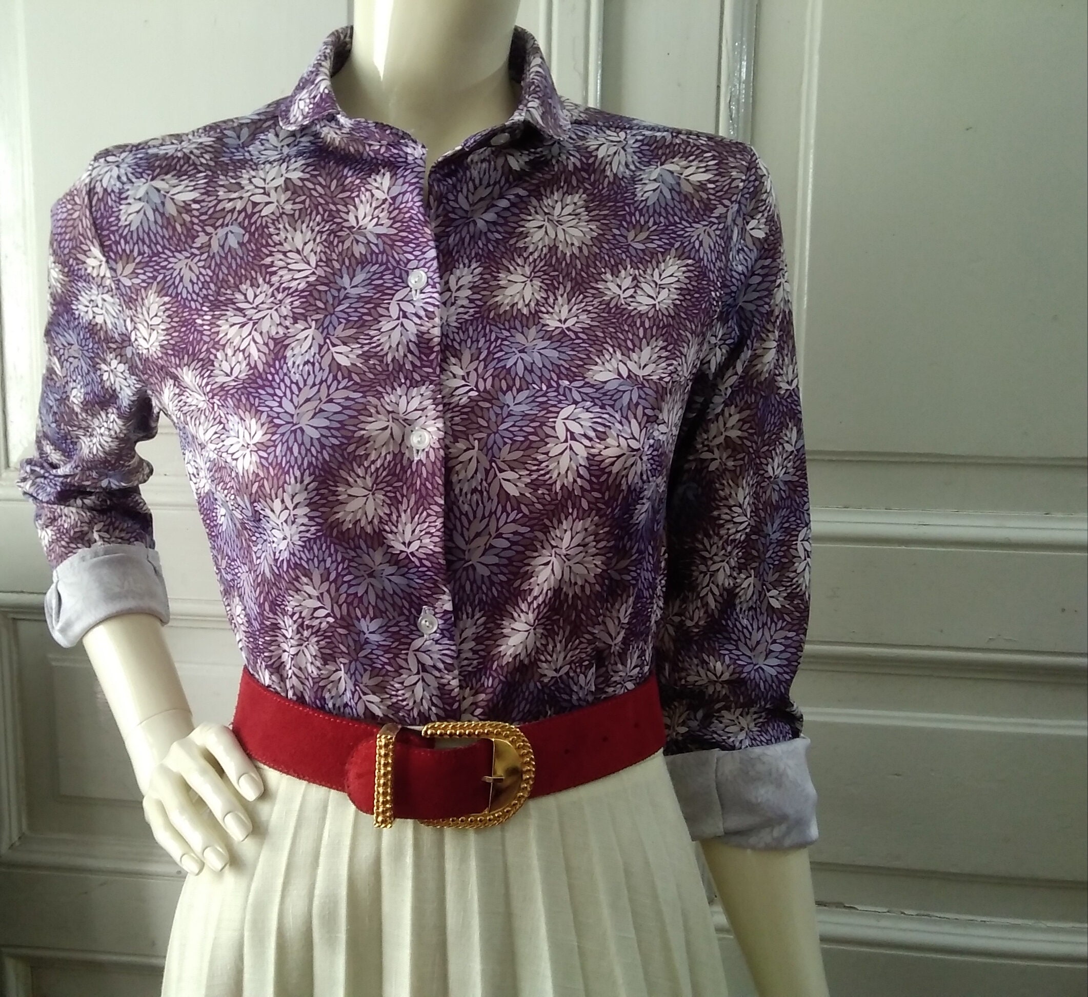 70s Retro Button Shirt Botanical Print Disco Shirt Long Sleeves Mauve ...