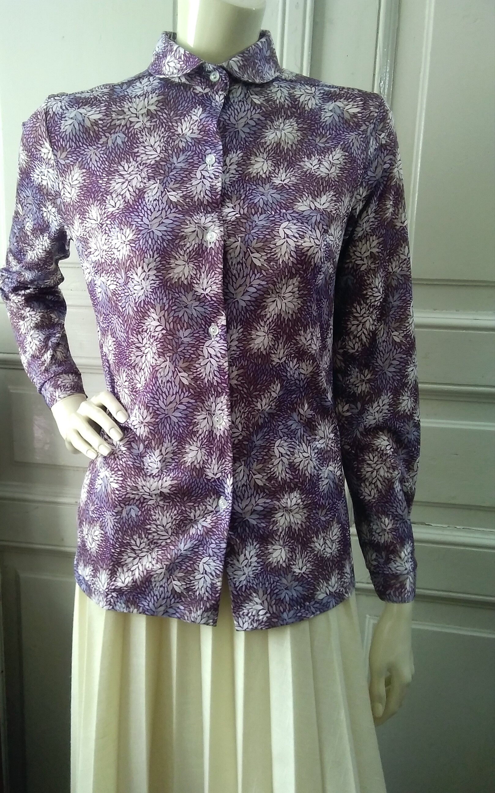 70s Retro Button Shirt Botanical Print Disco Shirt Long Sleeves Mauve ...