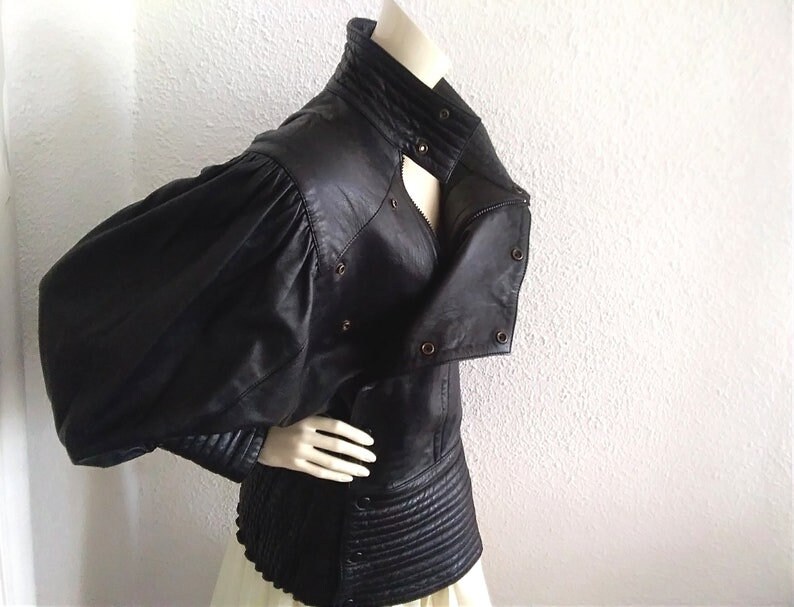 80s Extravagant Leather Jacket Dolman Sleeve Black Leather Jacket Very ...