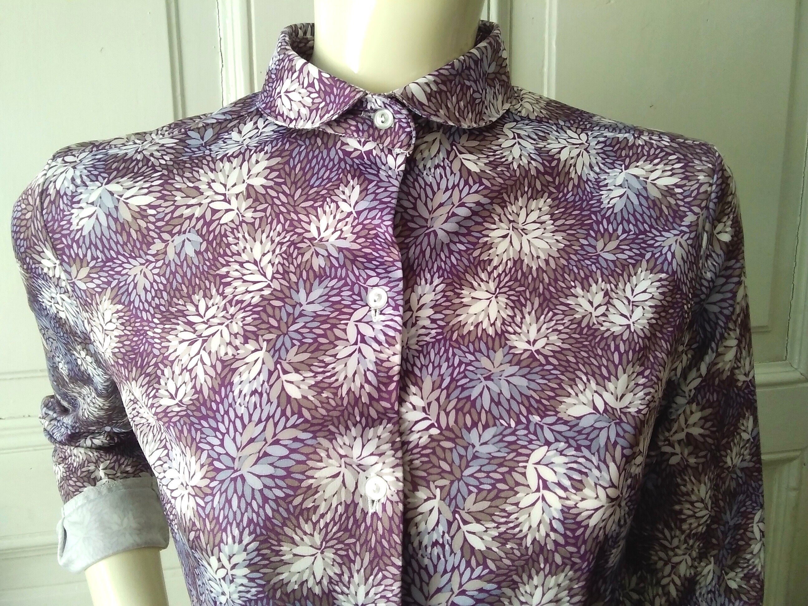 70s Retro Button Shirt Botanical Print Disco Shirt Long Sleeves Mauve ...