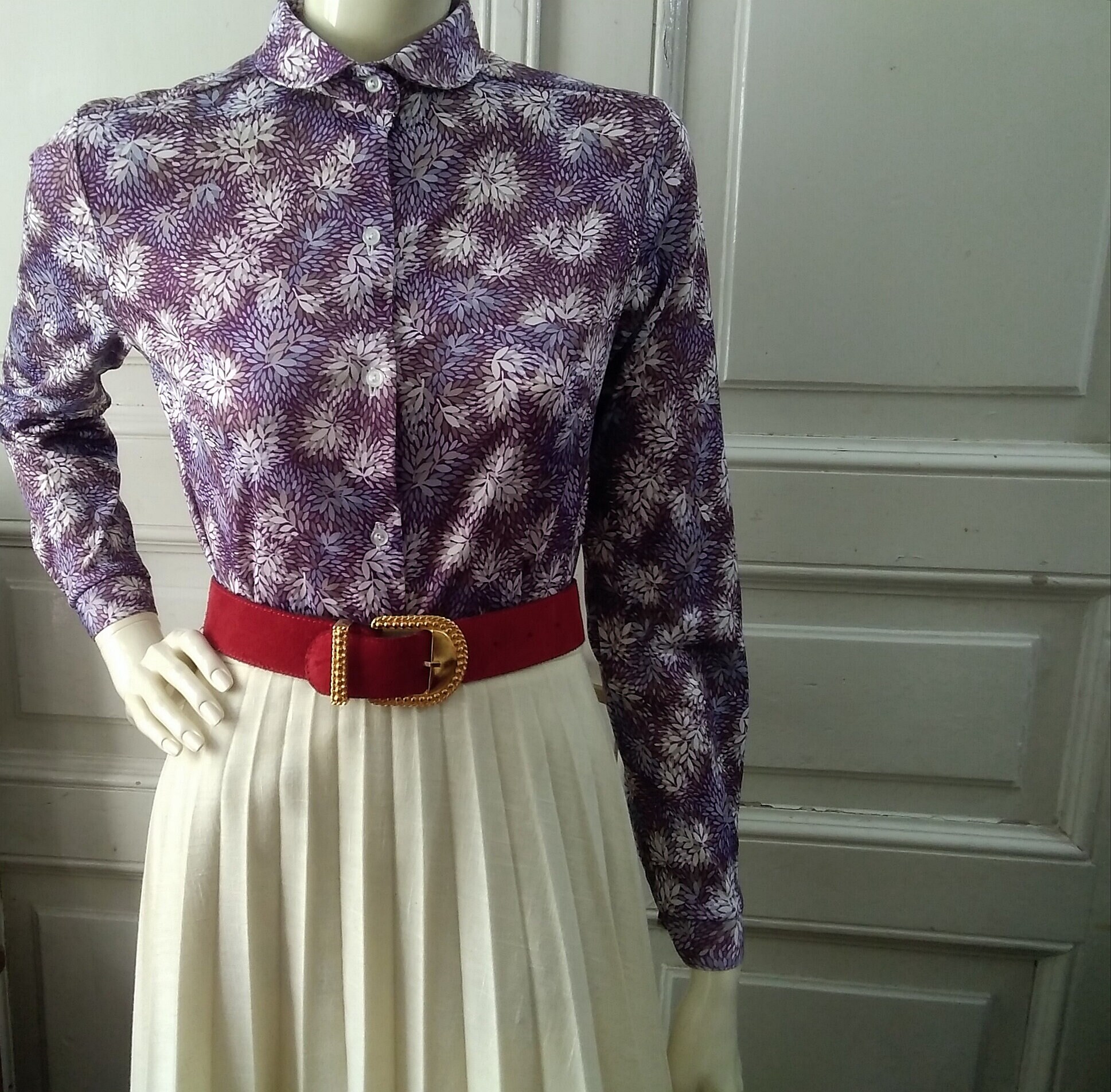 70s Retro Button Shirt Botanical Print Disco Shirt Long Sleeves Mauve ...