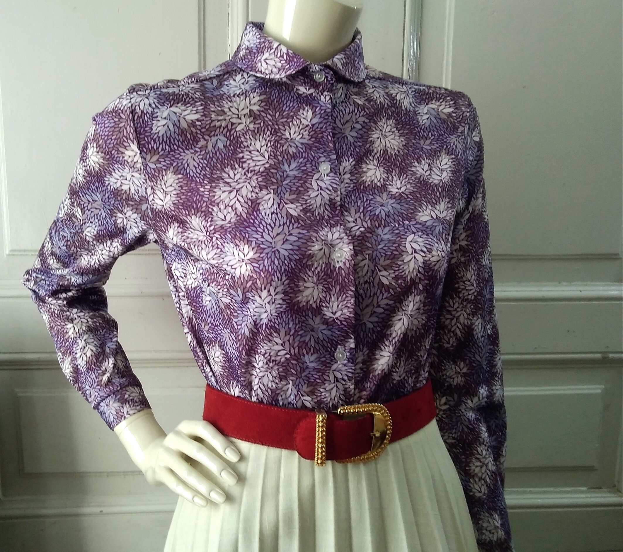 70s Retro Button Shirt Botanical Print Disco Shirt Long Sleeves Mauve ...