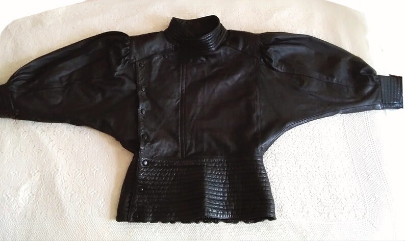 80s Extravagant Leather Jacket Dolman Sleeve Black Leather Jacket Very ...