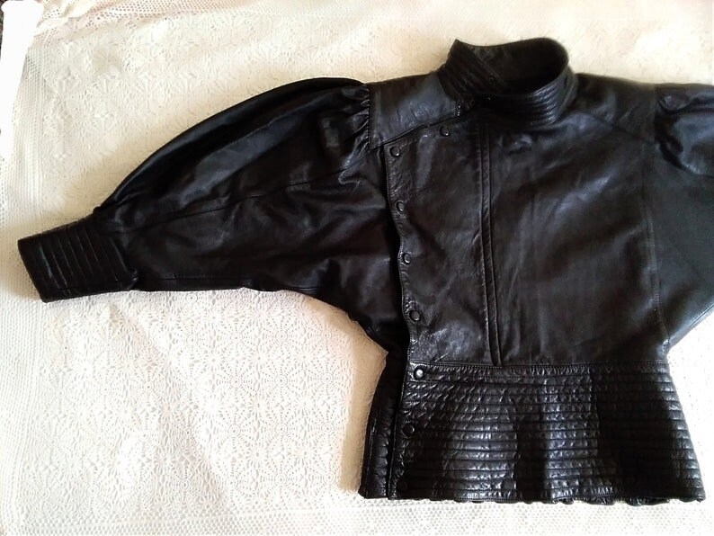 80s Extravagant Leather Jacket Dolman Sleeve Black Leather Jacket Very ...