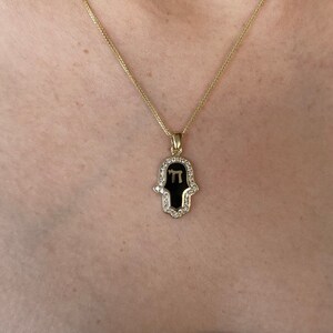 Chai Hamsa Pendant 14K Solid Yellow Gold With Black Enamel and Cubic ...