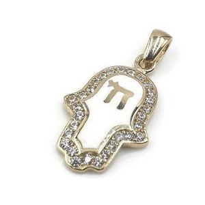 Chai Hamsa Pendant 14K Solid Yellow Gold With White Enamel and Cubic ...