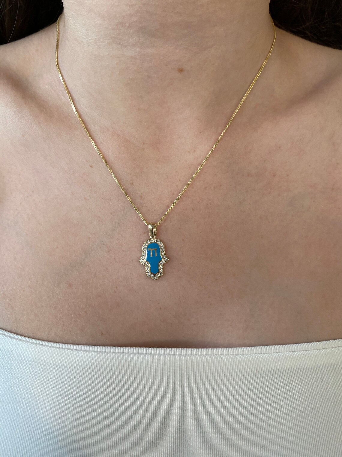 Chai Hamsa Pendant 14K Solid Yellow Gold With Light Blue Enamel and ...