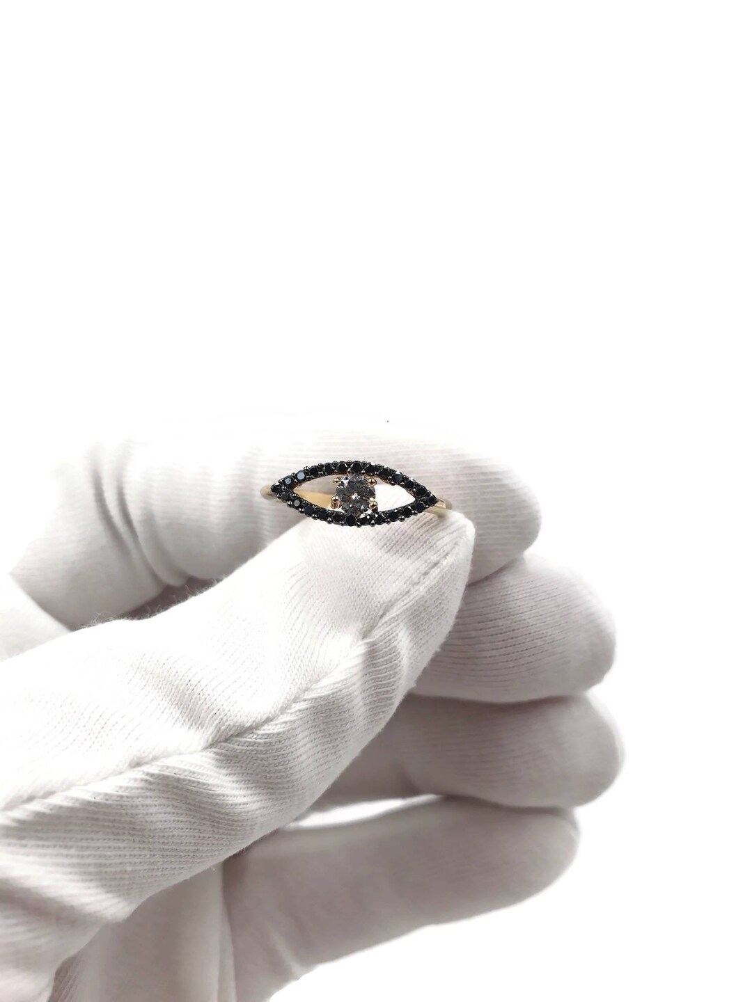 Evil Eye Ring 14K Yellow Gold With Black and White Cubic Zirconia ...