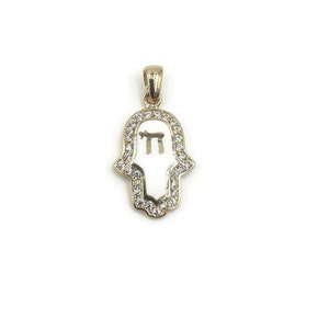Chai Hamsa Pendant 14K Solid Yellow Gold With White Enamel and Cubic ...