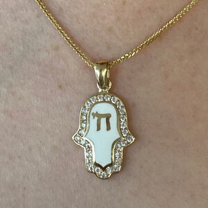Chai Hamsa Pendant 14K Solid Yellow Gold With White Enamel and Cubic ...