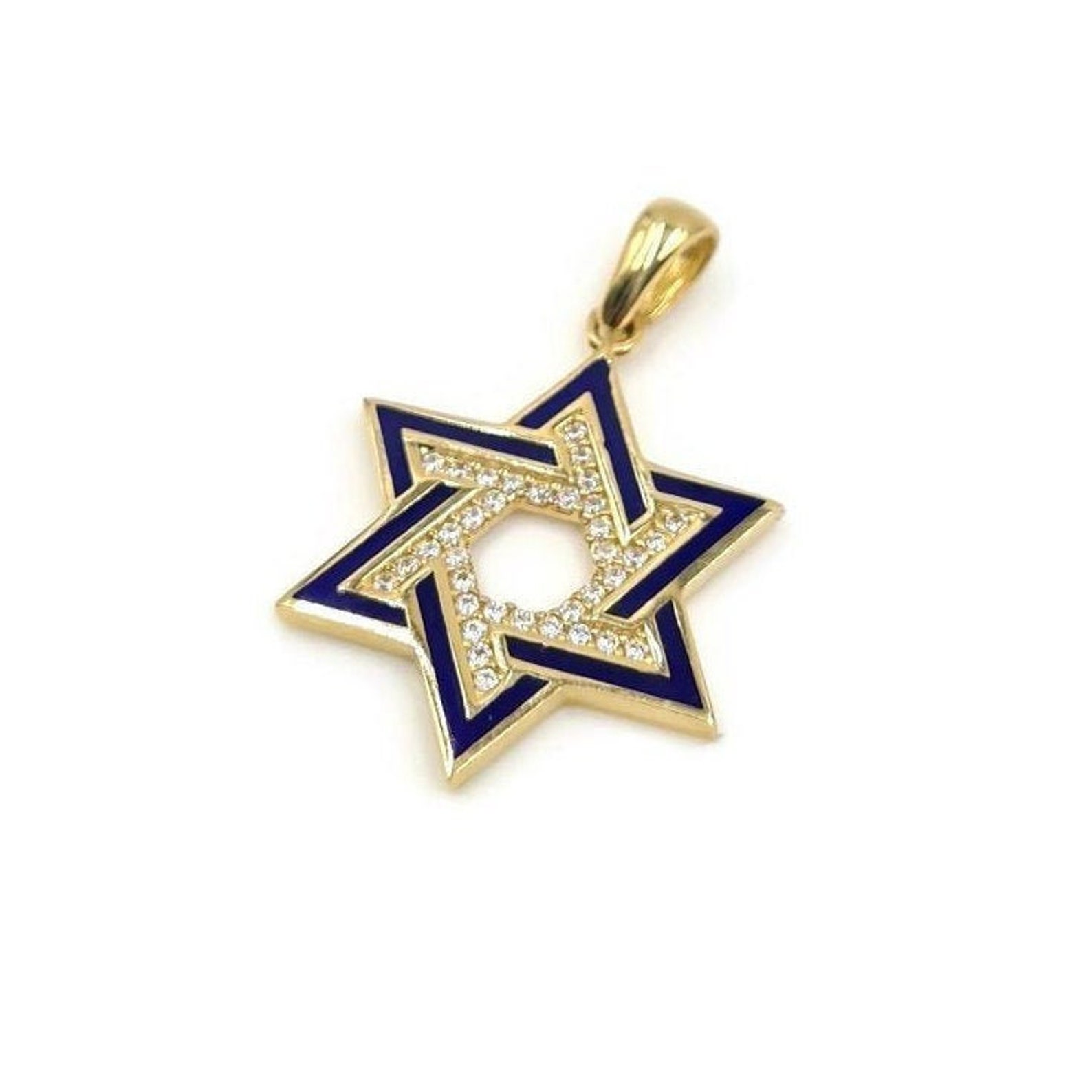 Small Interwoven Star of David 14k Solid Gold Pendant With Blue Enamel ...