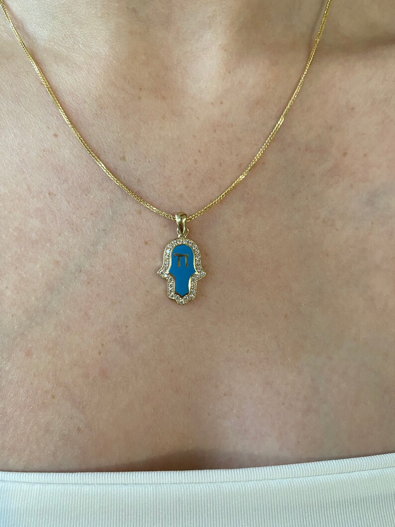 Chai Hamsa Pendant 14K Solid Yellow Gold With Light Blue Enamel and ...