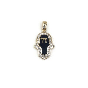 Chai Hamsa Pendant 14K Solid Yellow Gold With Black Enamel and Cubic ...