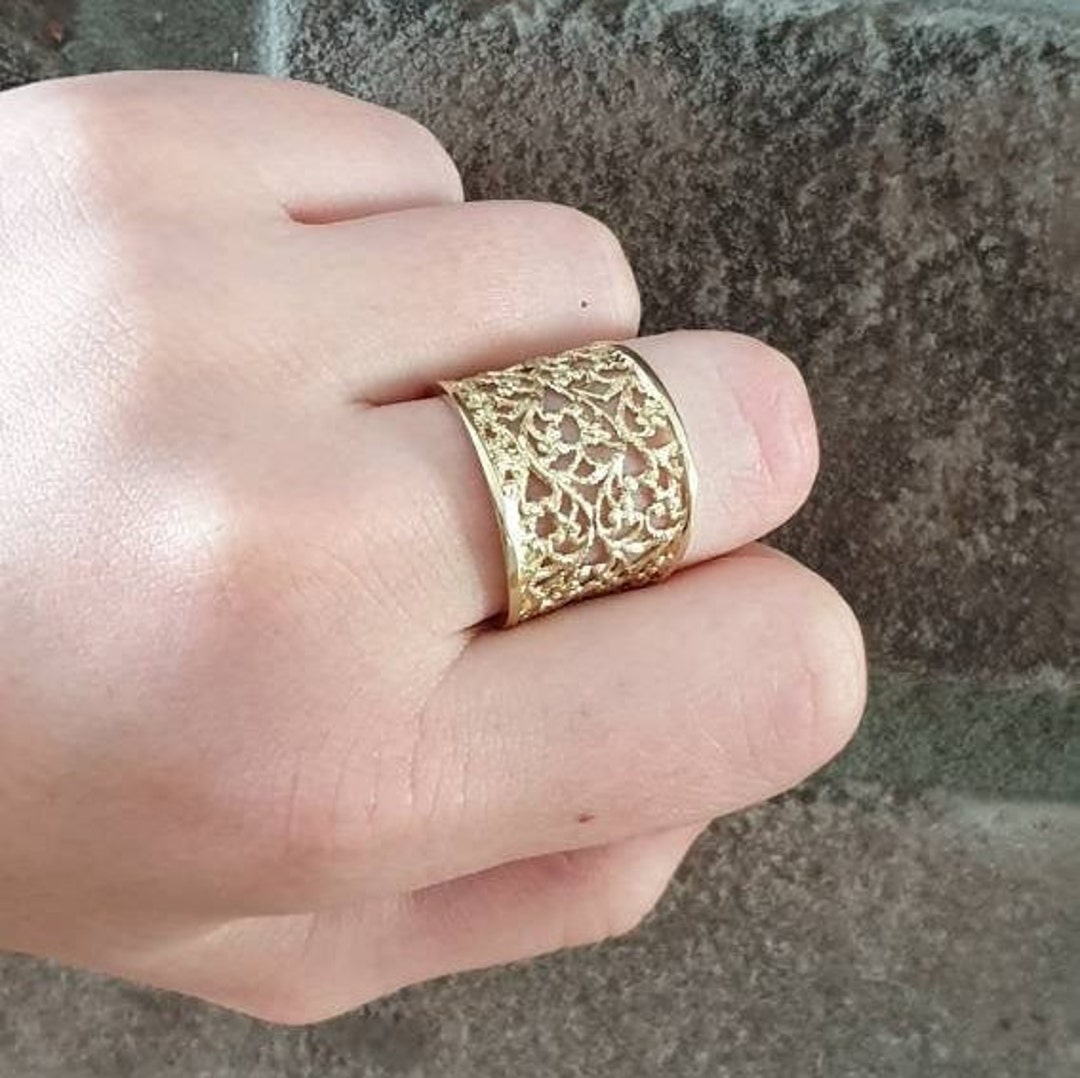 14k Solid Yellow Gold Ring Filigree Lace Design Wide - Etsy