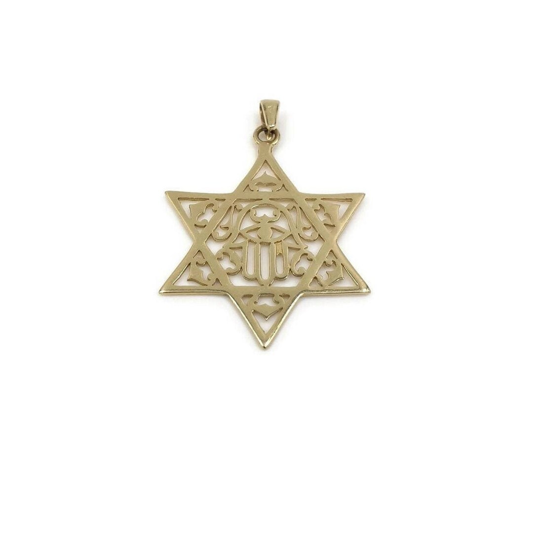 Large Star of David Pendant With Hamsa Filigree Lace 14K Solid Yellow ...