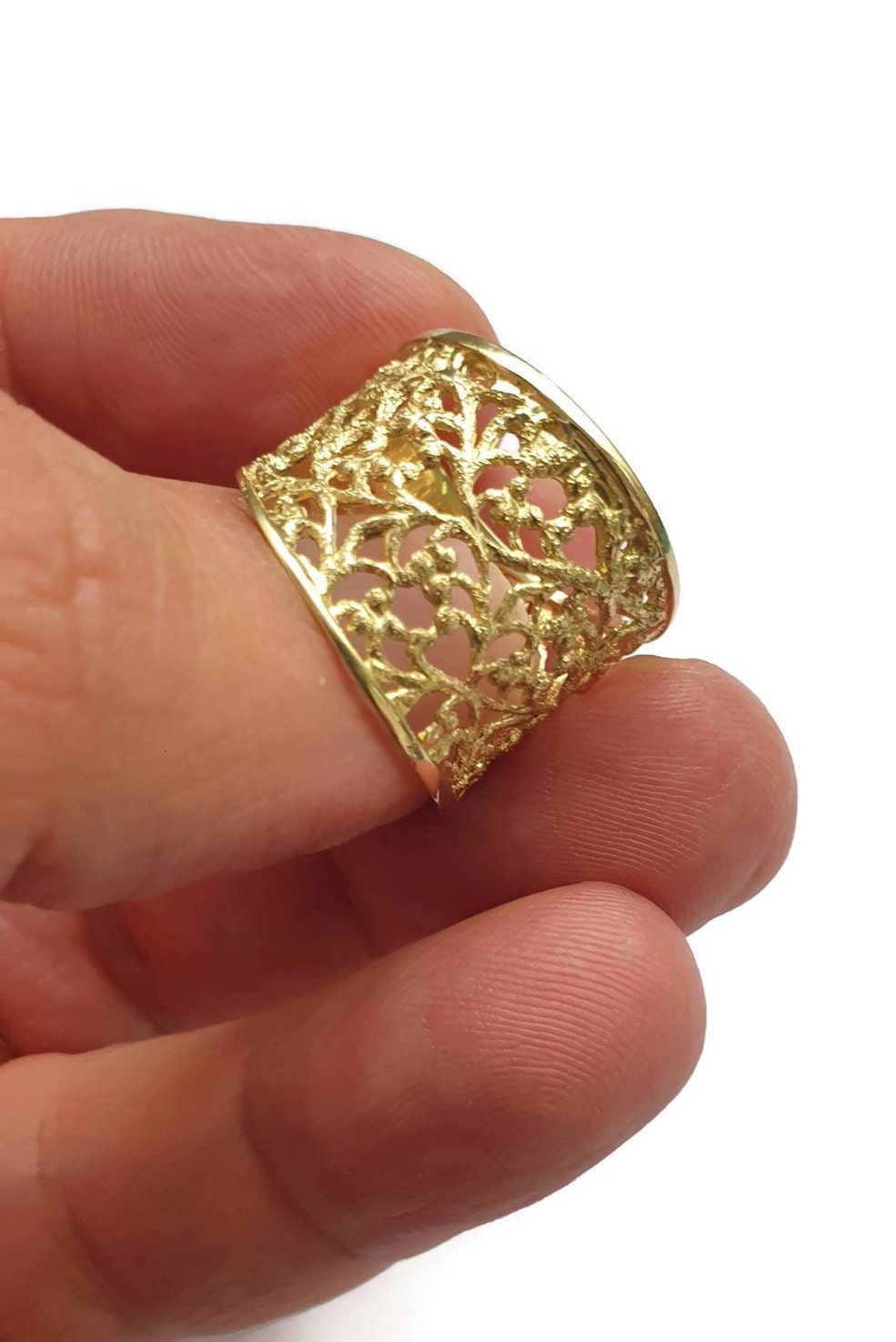 14k Solid Yellow Gold Ring Filigree Lace Design Wide | Etsy