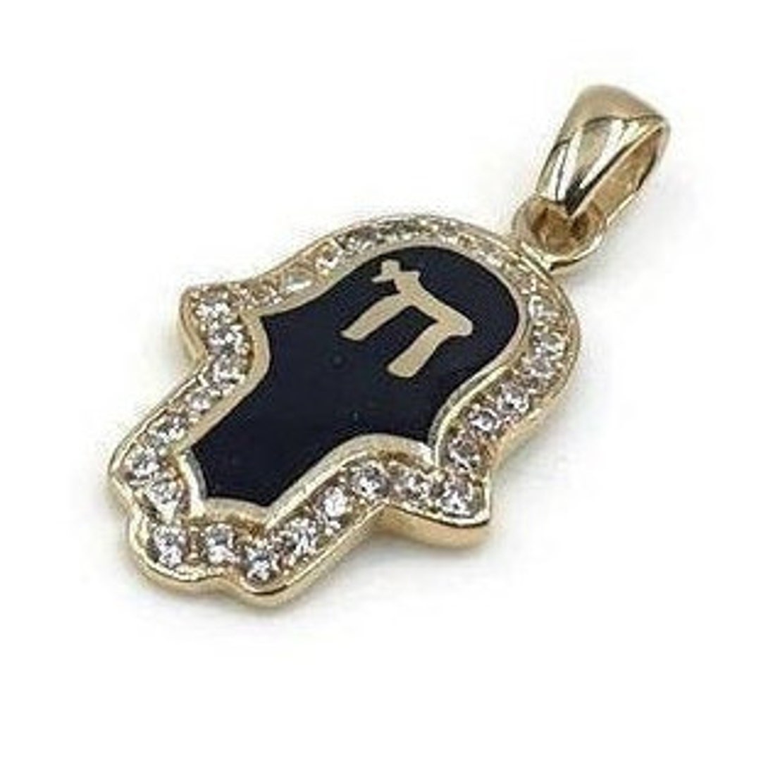 Chai Hamsa Pendant 14K Solid Yellow Gold With Black Enamel and Cubic ...