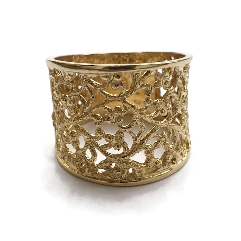14k Solid Yellow Gold Ring Filigree Lace Design Wide - Etsy