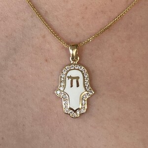 Chai Hamsa Pendant 14K Solid Yellow Gold With White Enamel and Cubic ...
