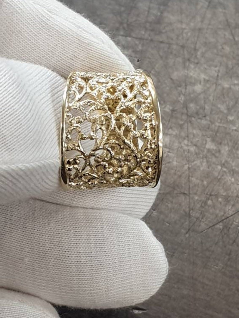 14k Solid Yellow Gold Ring Filigree Lace Design Wide - Etsy