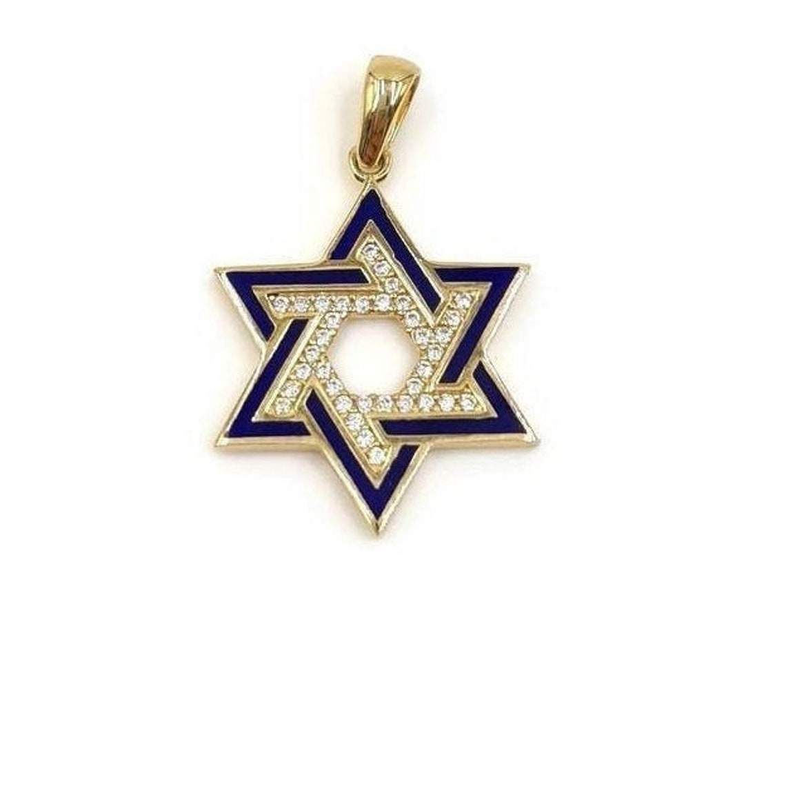 Small Interwoven Star of David 14k Solid Gold Pendant With Blue Enamel ...