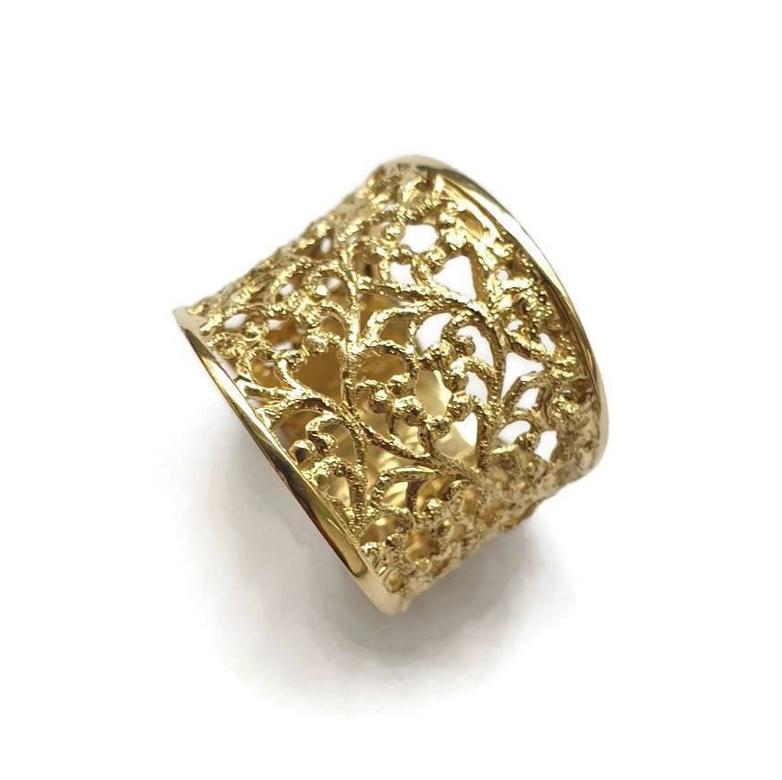 14k Solid Yellow Gold Ring Filigree Lace Design Wide | Etsy