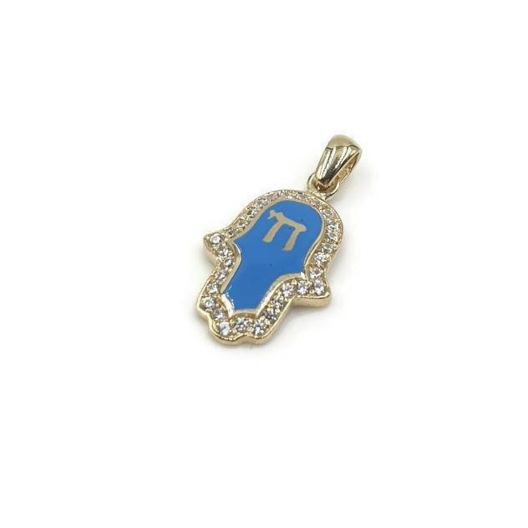 Chai Hamsa Pendant 14K Solid Yellow Gold With Light Blue Enamel and ...