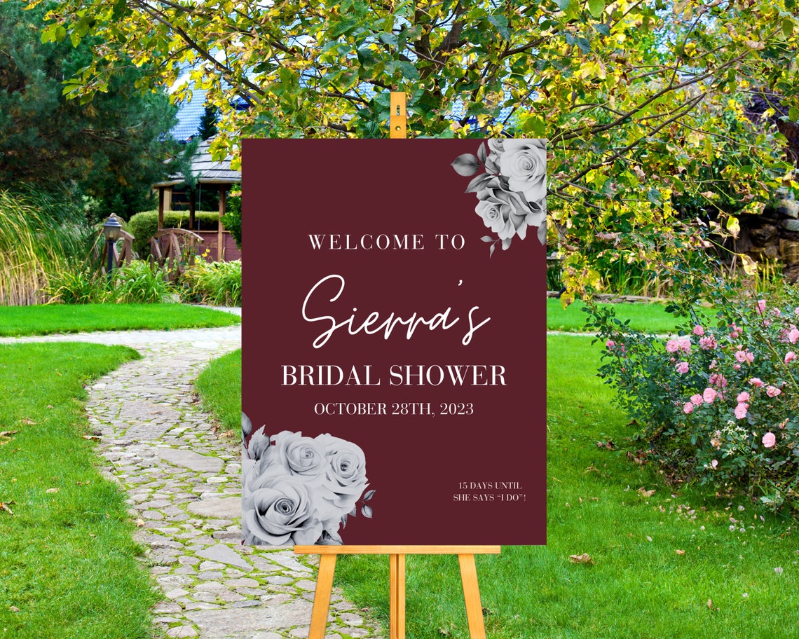 Burgundy With Black and White Floral Bridal Shower Welcome Sign Digital ...