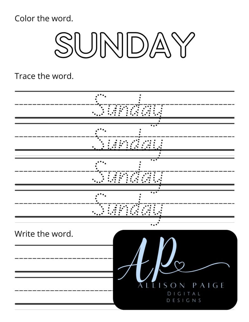 Days of the Week Learning Activity – Color, Read, Trace (PDF Pattern ...