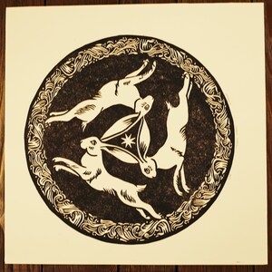 Three Hares Original Linocut Print - Etsy
