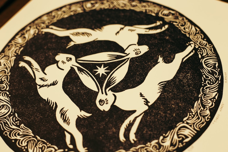 Three Hares Original Linocut Print - Etsy
