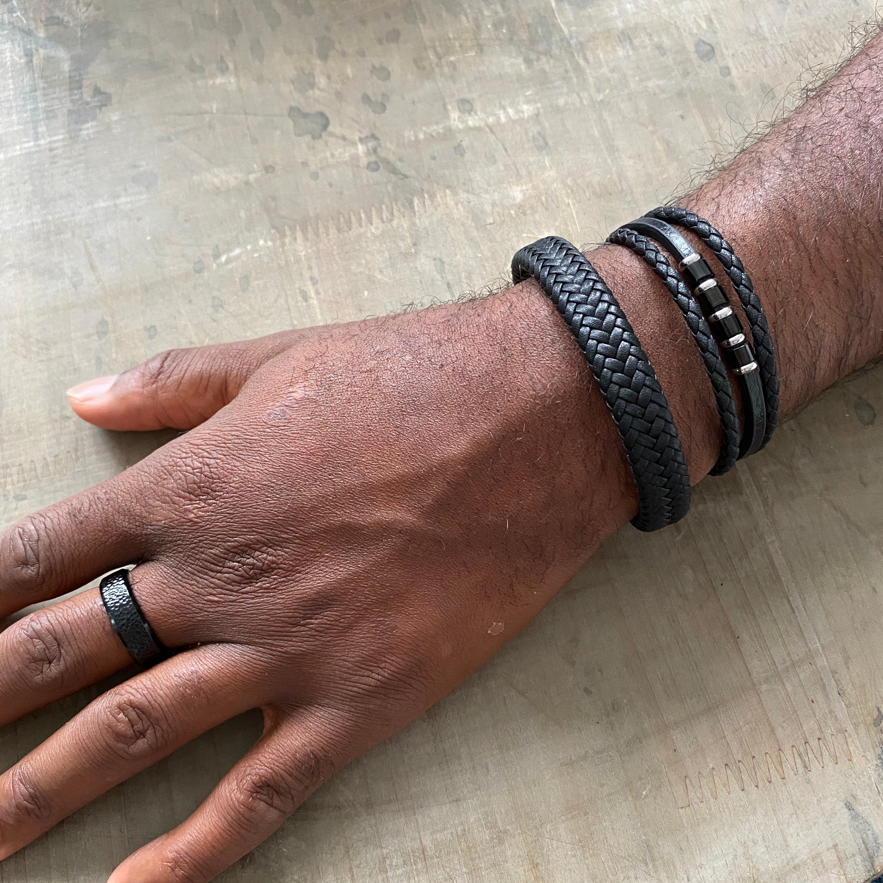 Black Braided Leather Bracelet With Stainless Steel Beads - Etsy